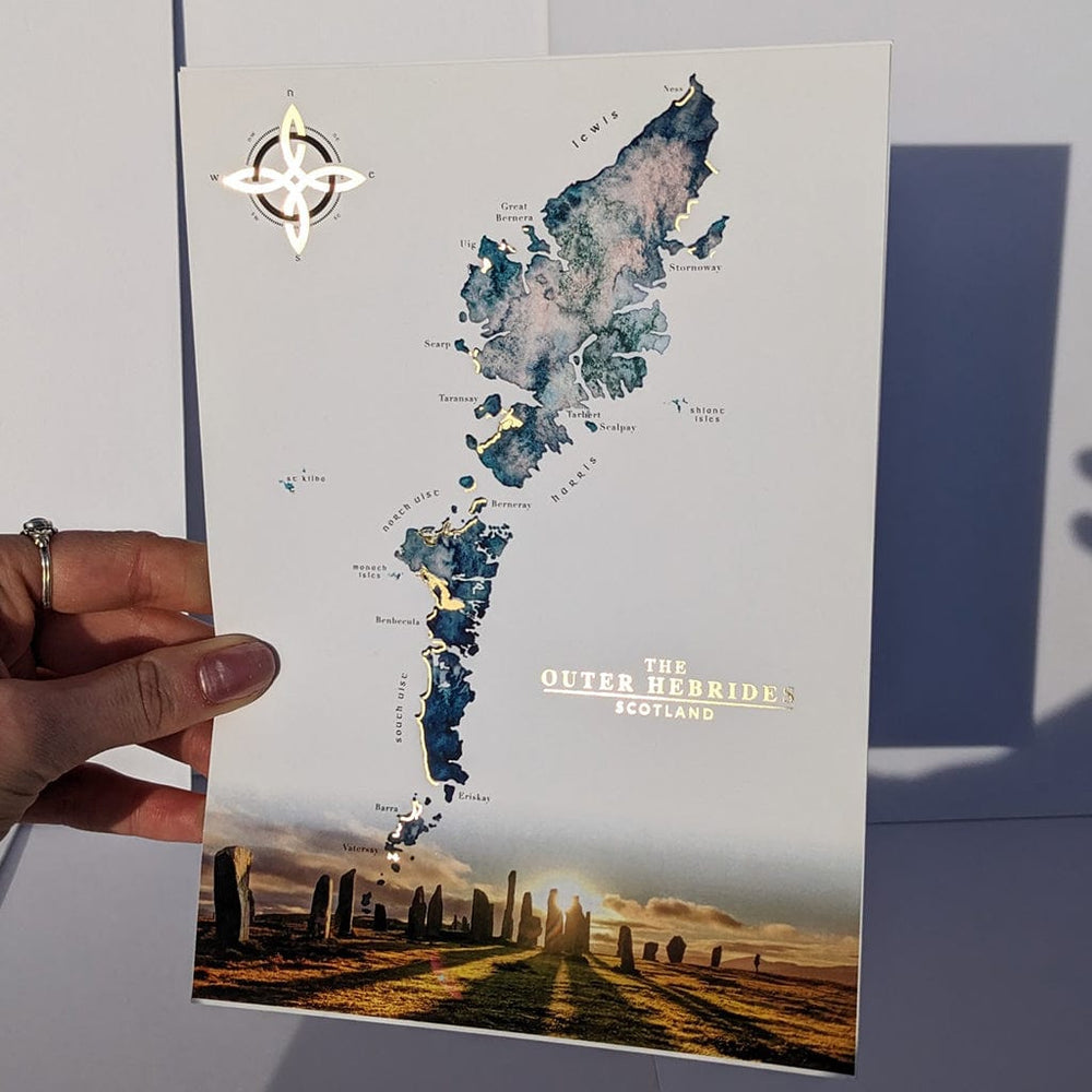 Callanish Stones Outer Hebrides Watercolour Map - With Gold Beaches
