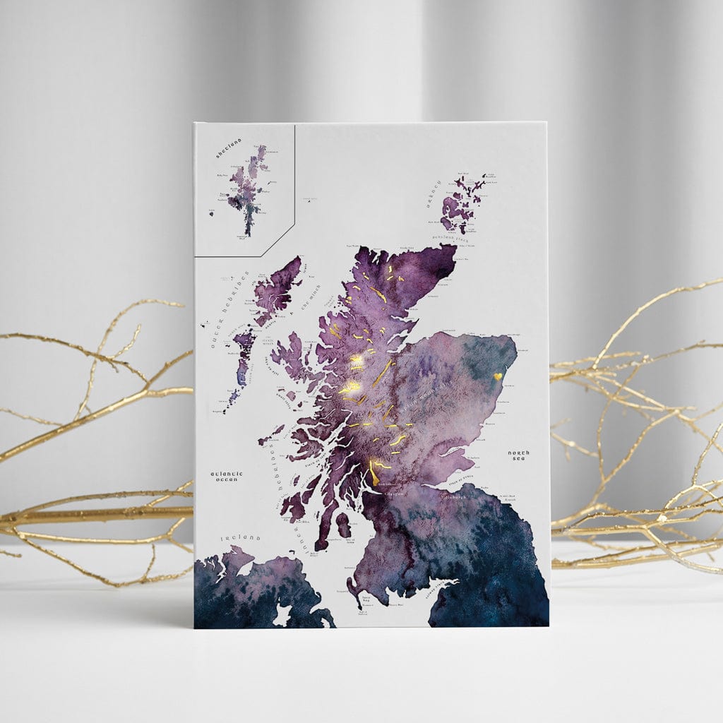 Scotland Watercolour Map with Gold Lochs