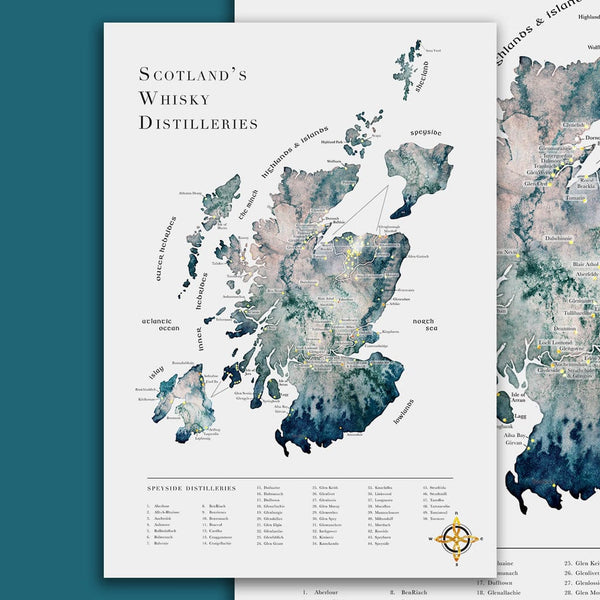 Scottish Whisky Distillery Gold Map
